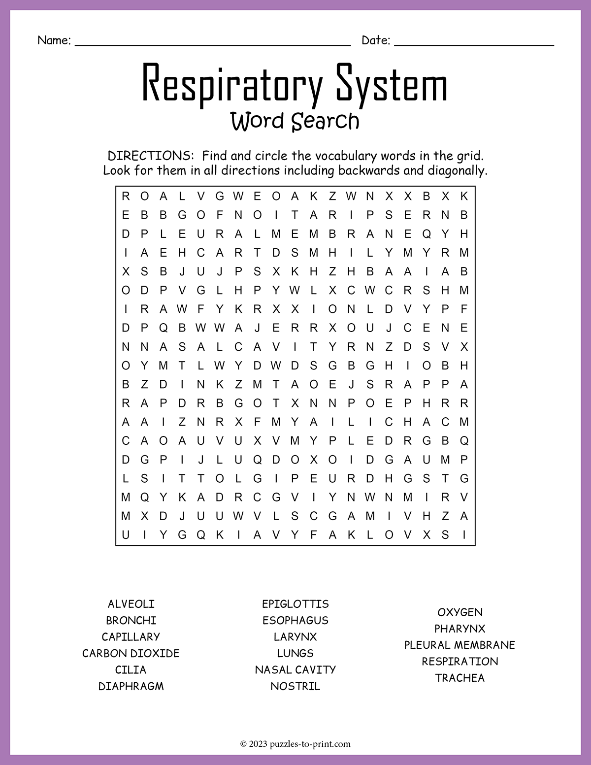 Respiratory System Word Search Respiratory System Word Search