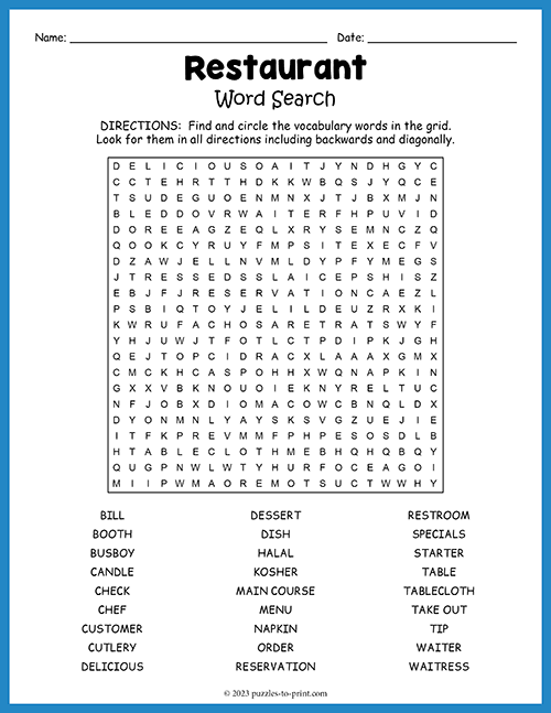 Restaurant Word Search