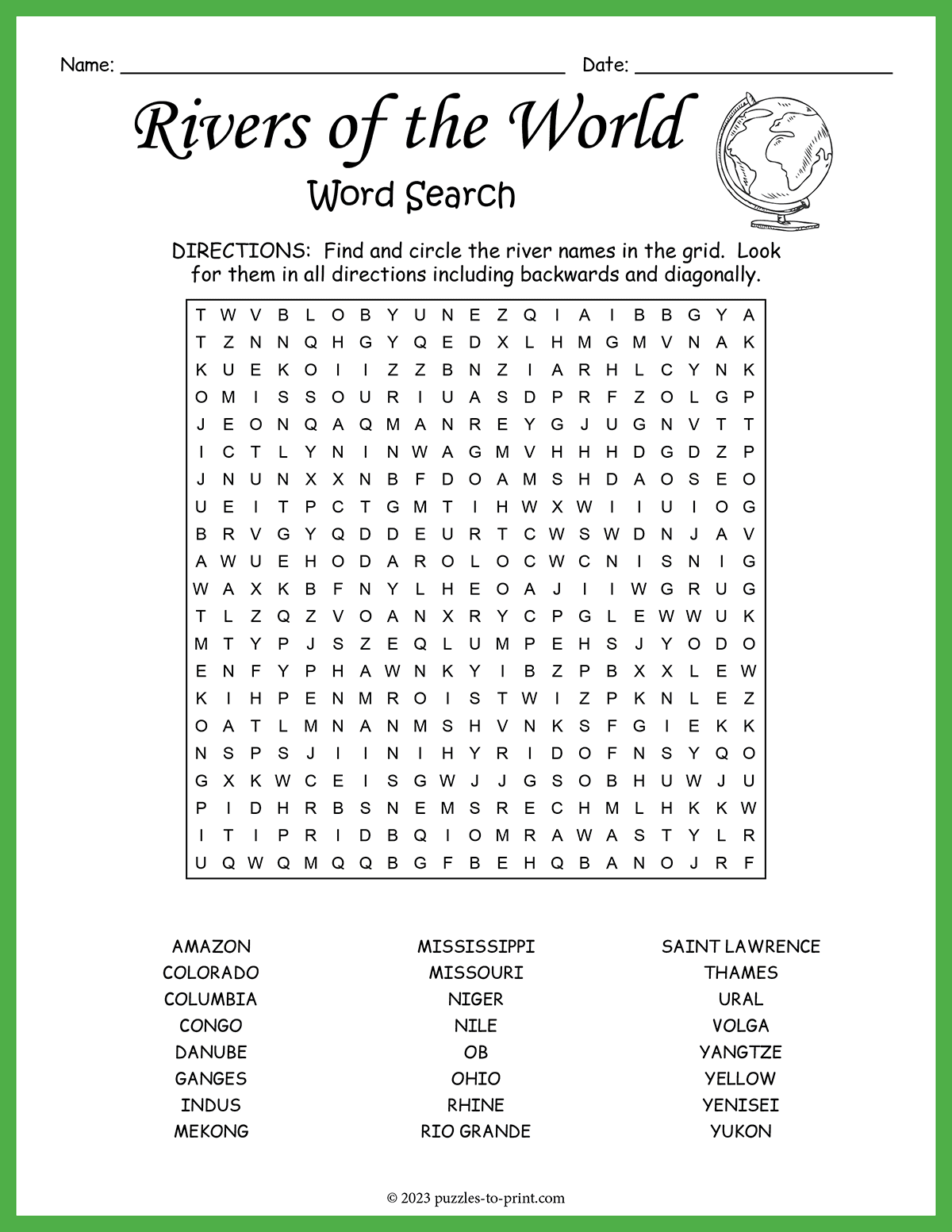 Rivers Of The World One Clue Crossword