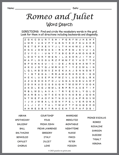 Romeo and Juliet Word Search
