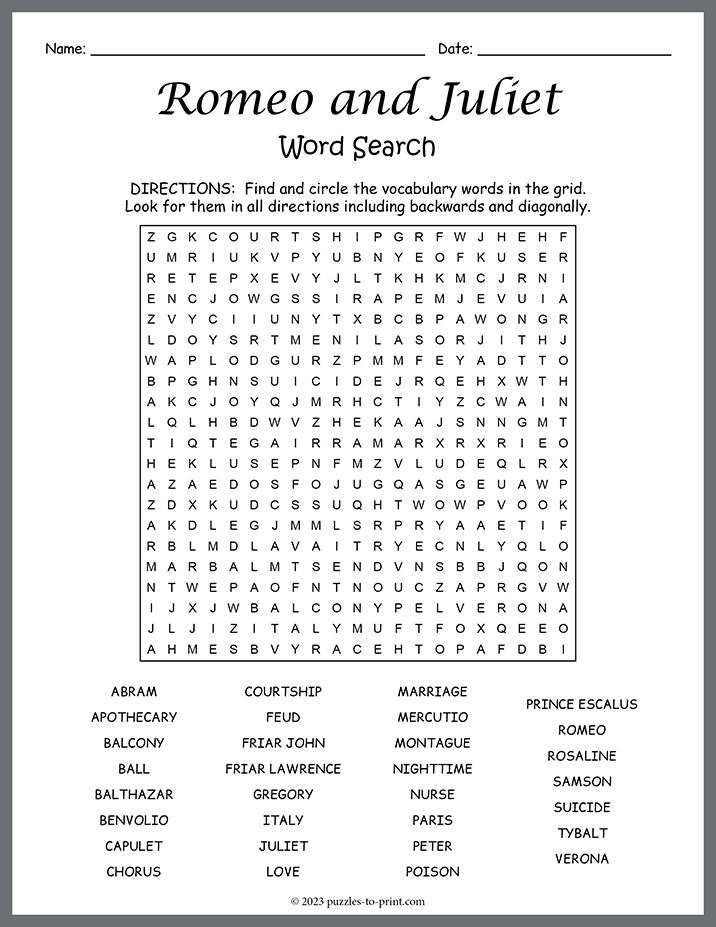 Romeo and Juliet Word Search