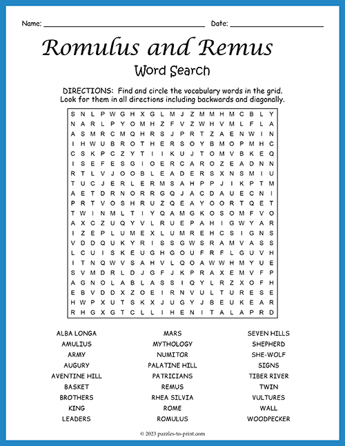 Romulus and Remus Word Search