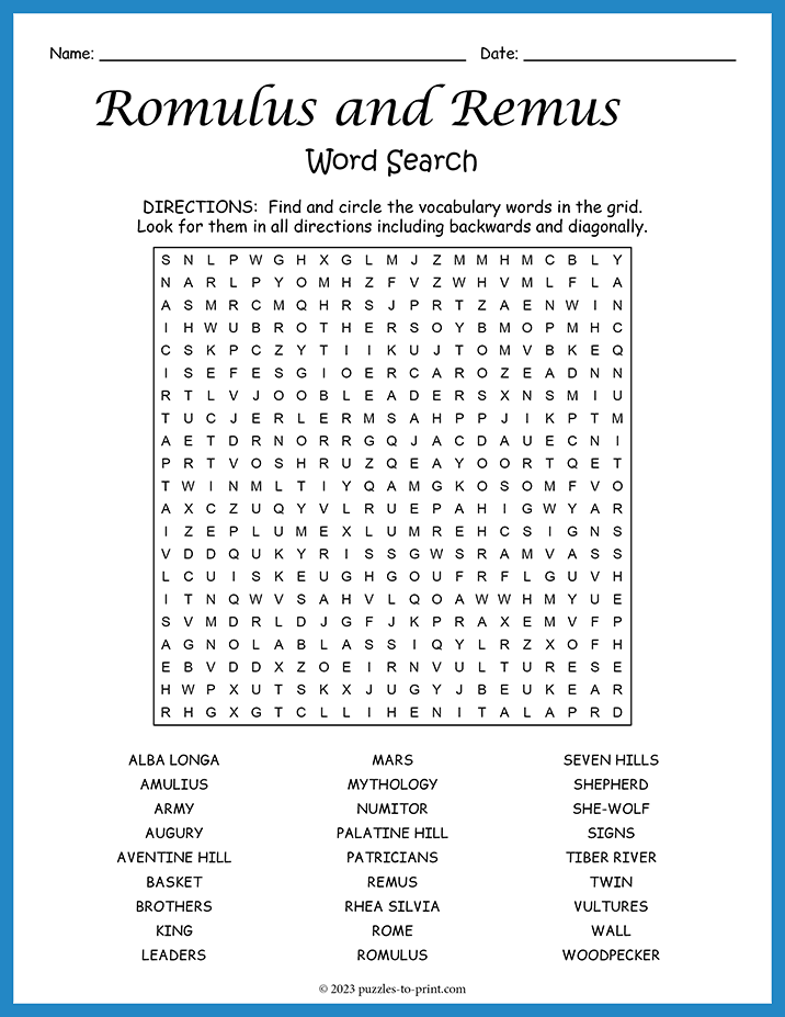 Romulus and Remus Word Search