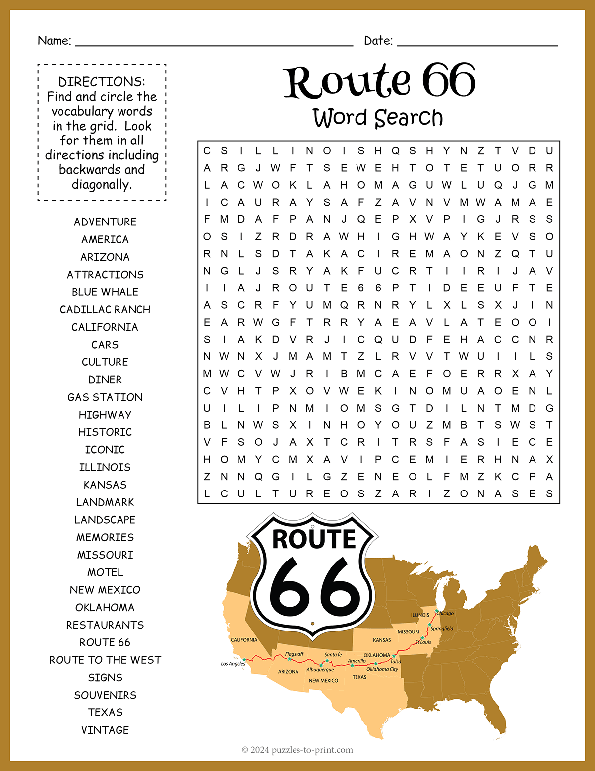 Route 66 Word Search