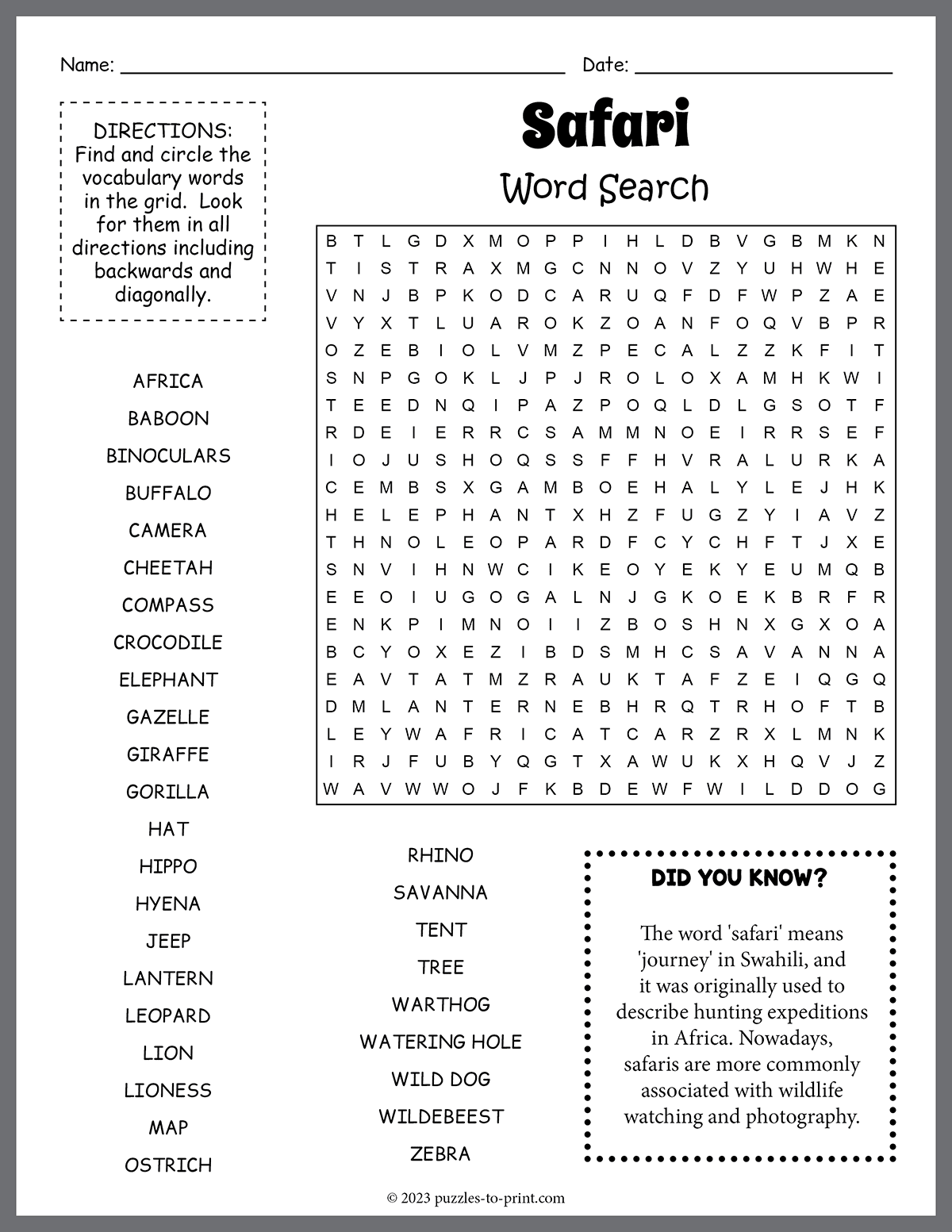 African Safari Word Search