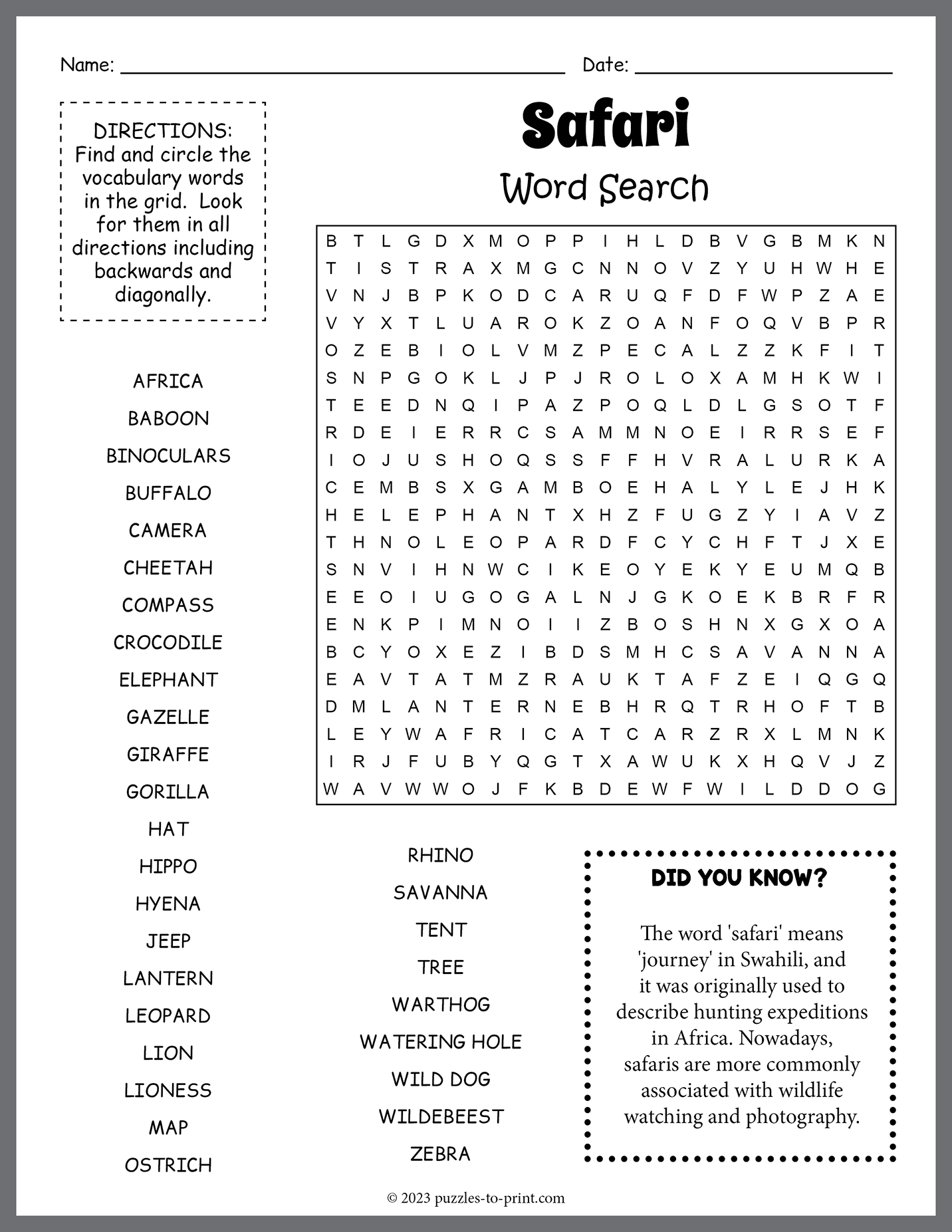 African Safari Word Search