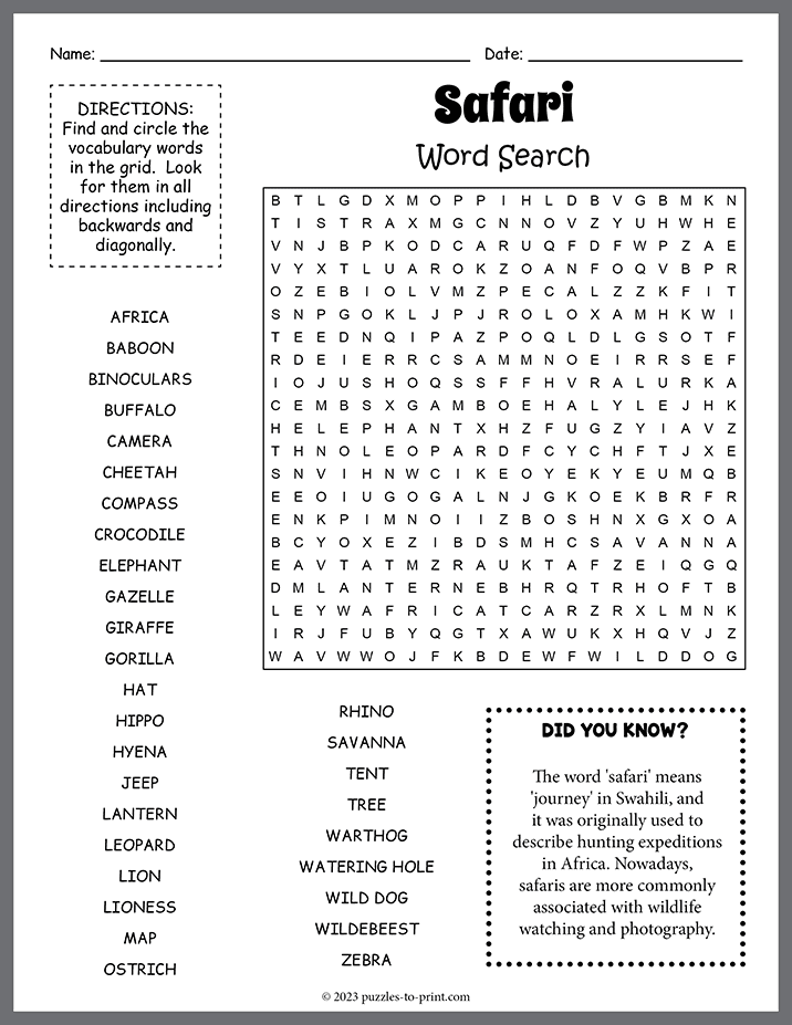 Safari Word Search