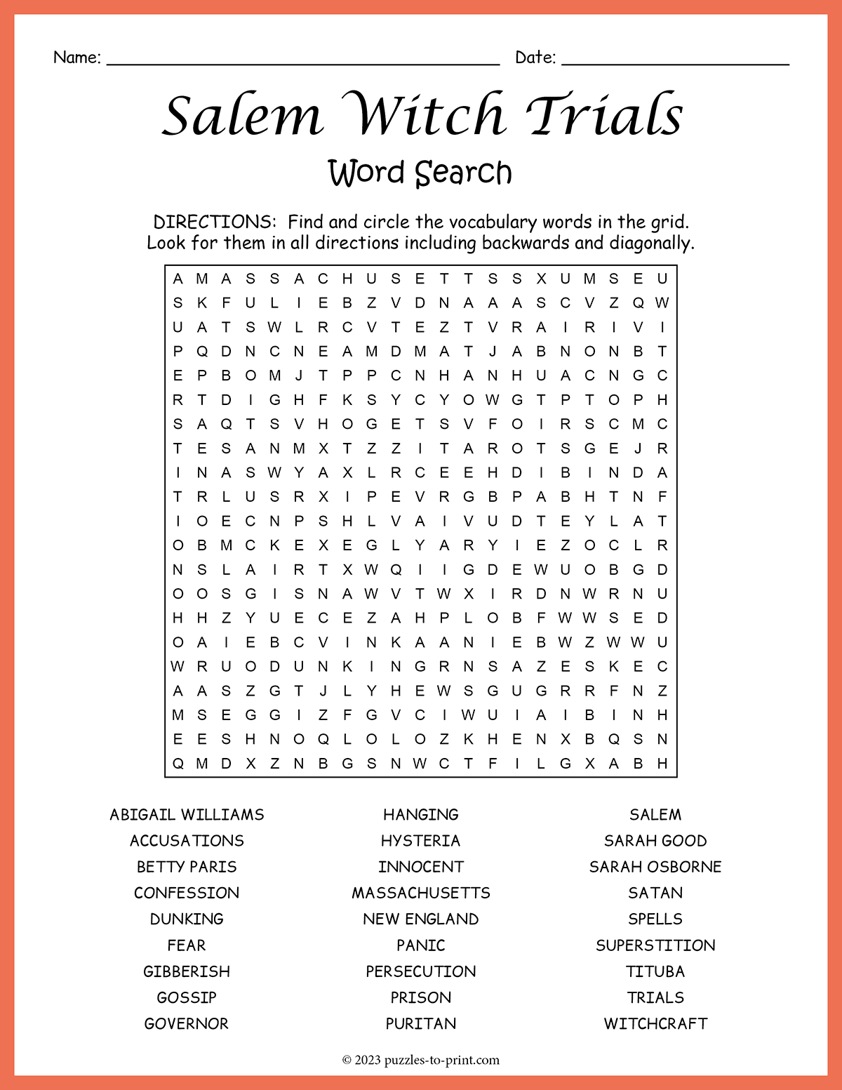 Salem Witch Trials Word Search