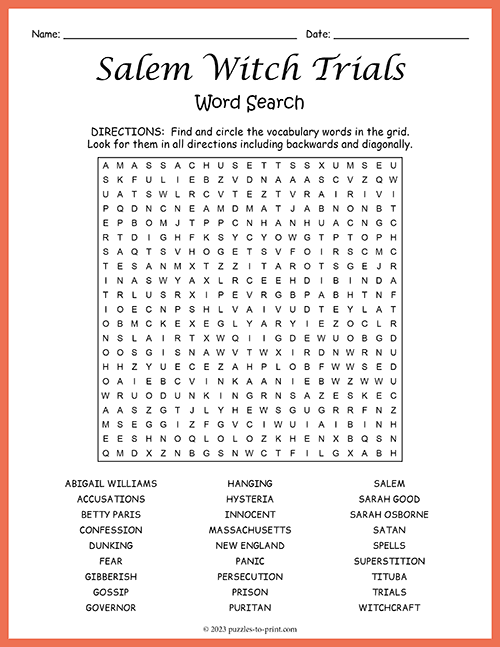 Salem Witch Trials Word Search