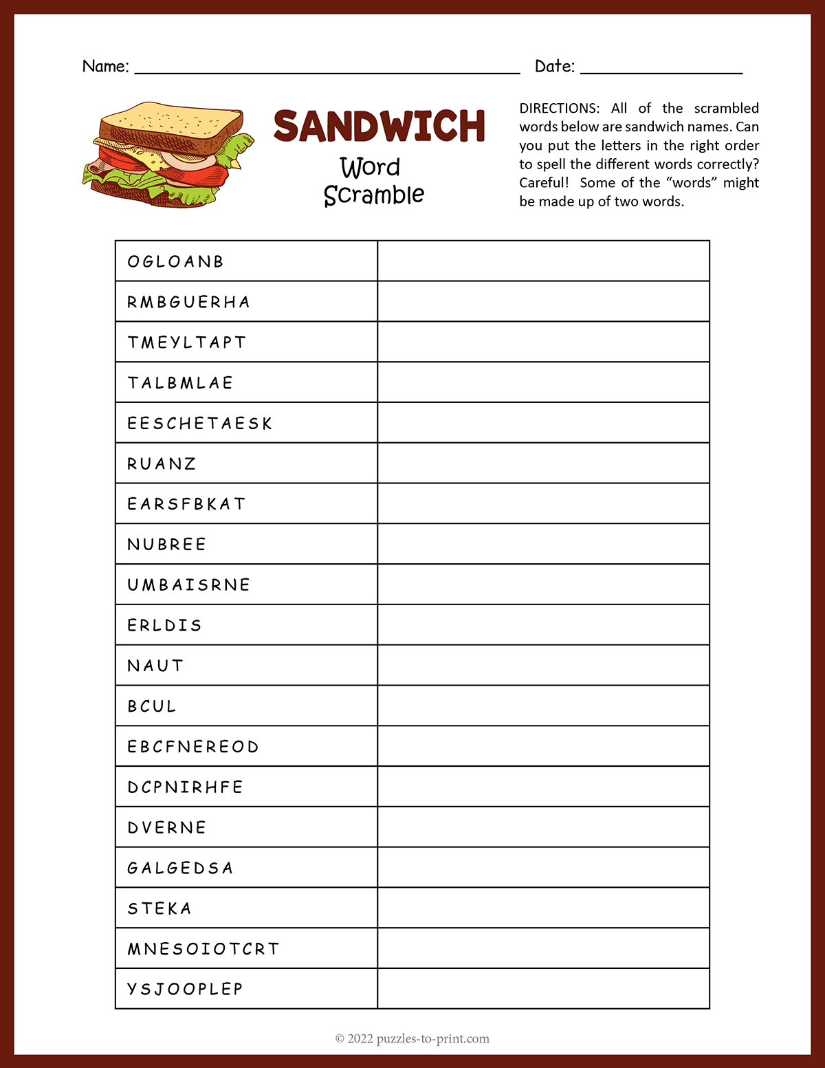 Sandwiches Word Scramble