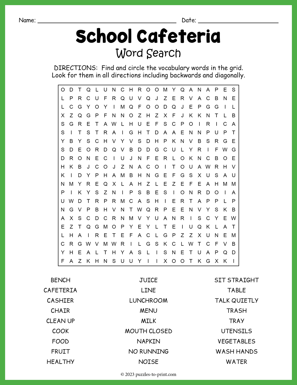 School Cafeteria Word Search