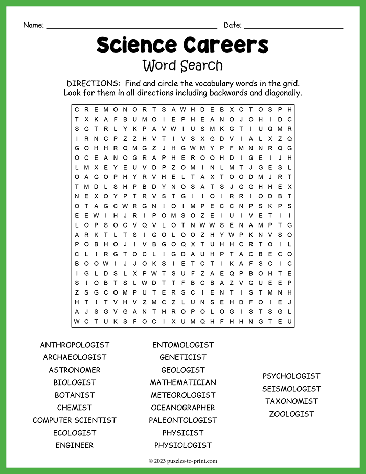 Science Careers Word Search