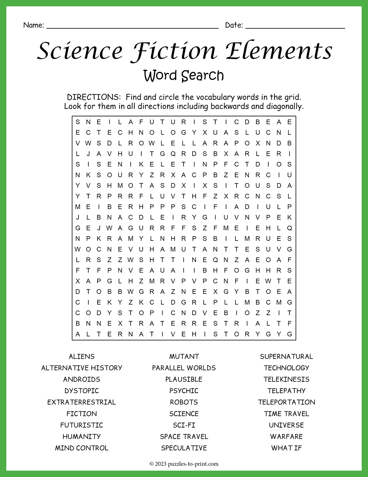 Science Fiction Elements Word Search