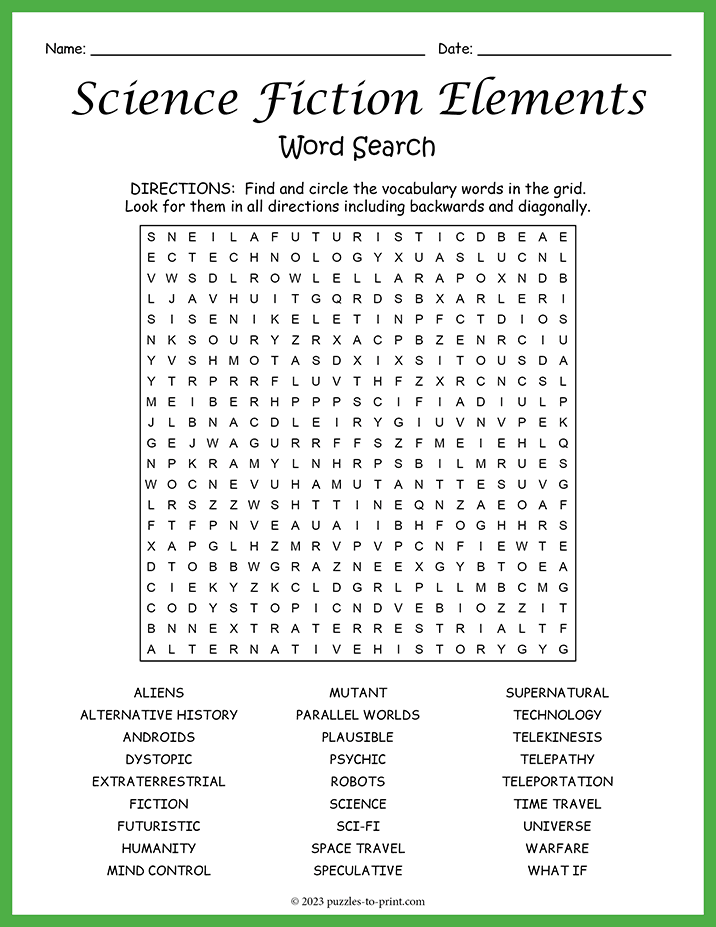 Science Fiction Elements Word Search