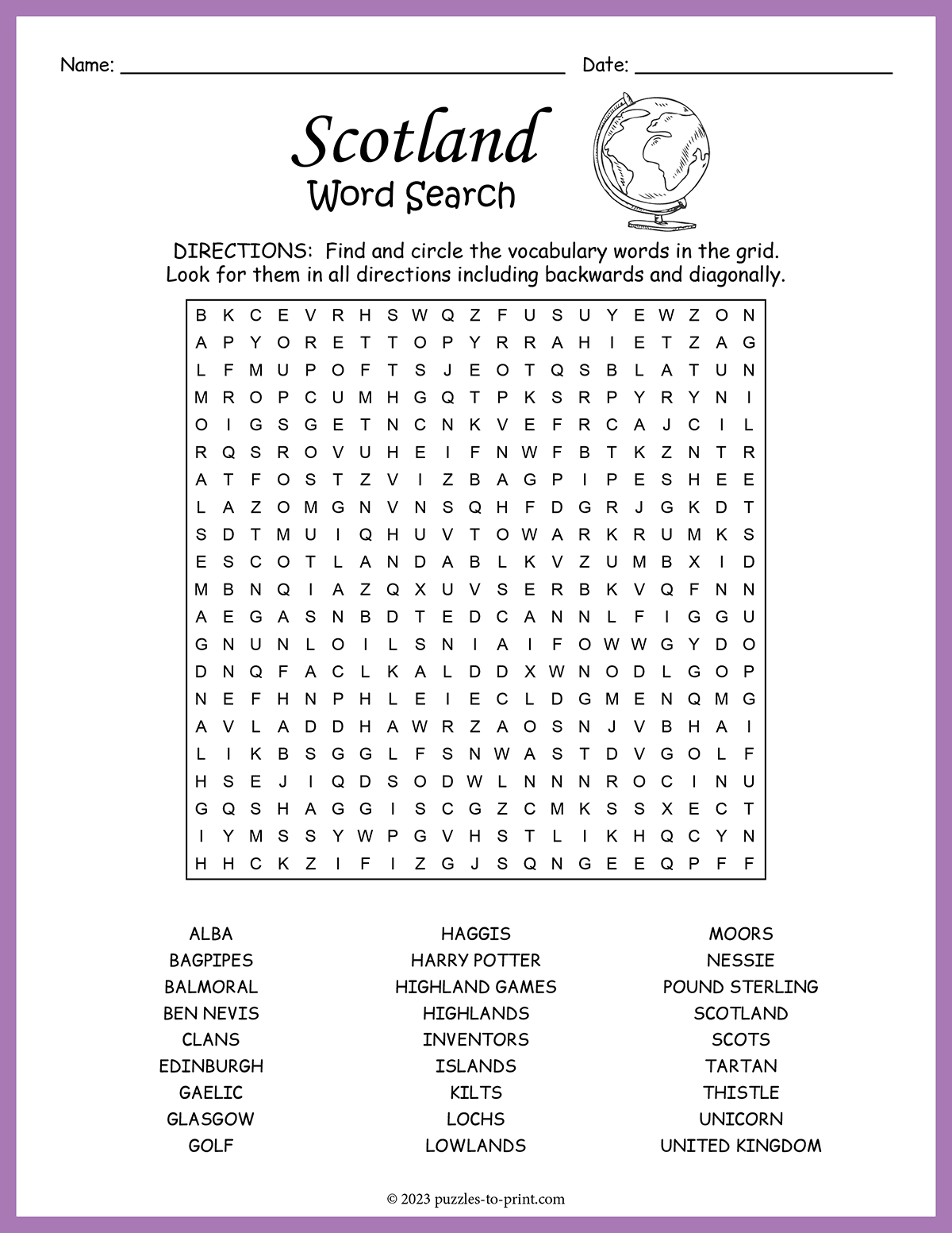 Scotland Word Search