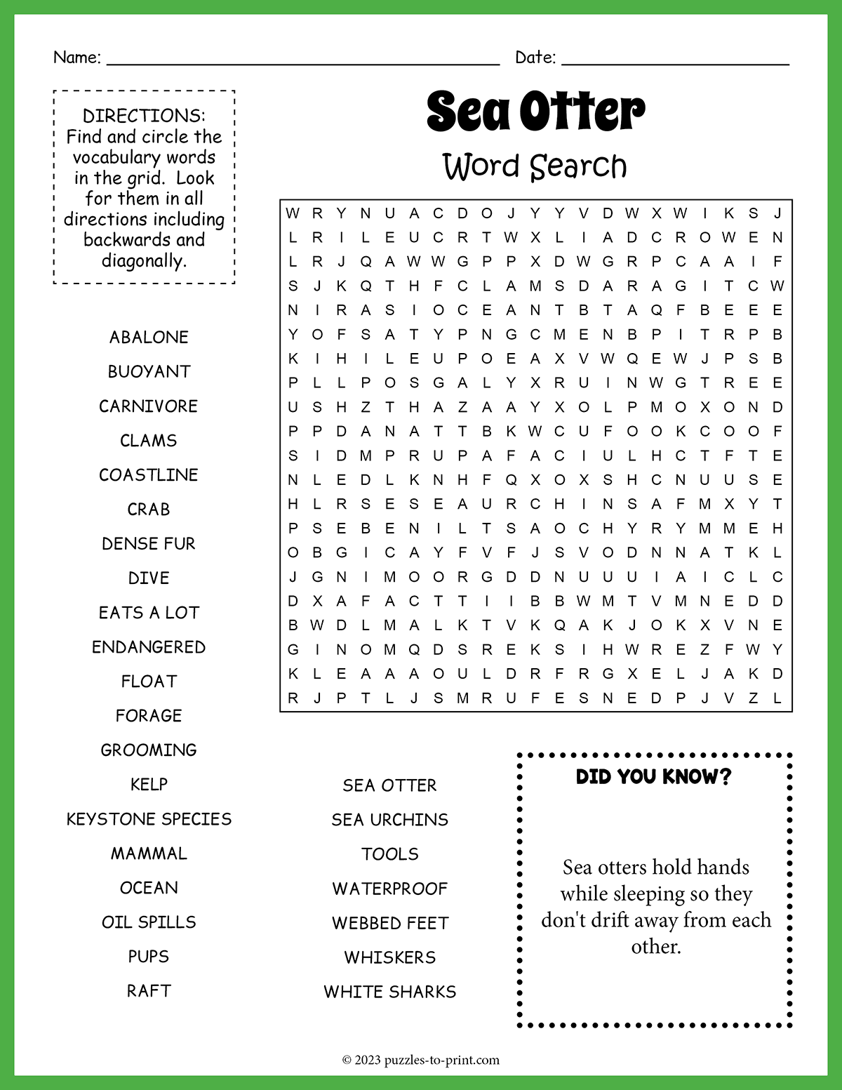 Sea Otter Word Search