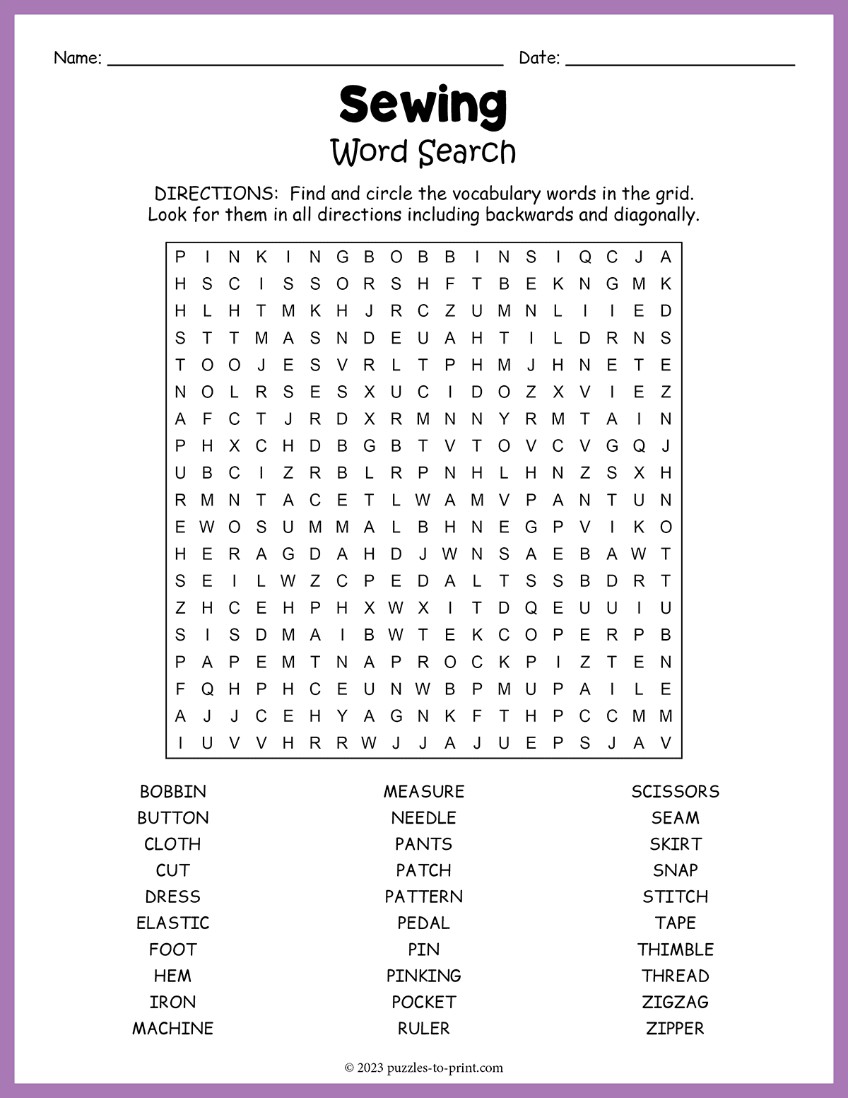 Sewing Word Search