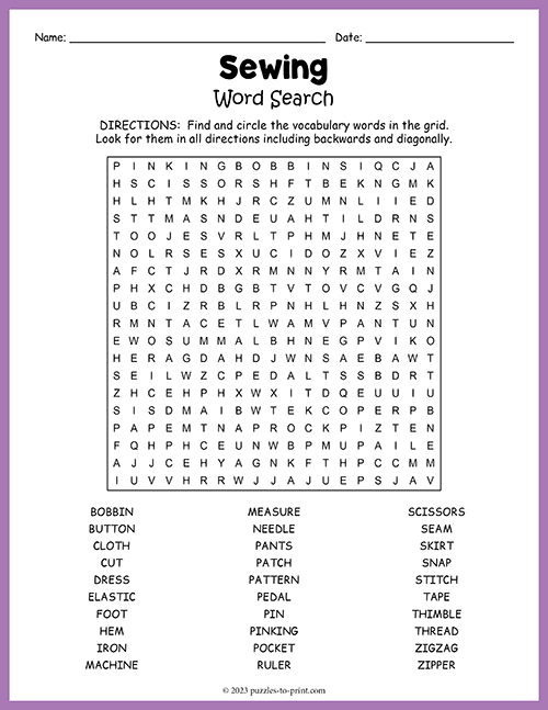 Sewing Word Search
