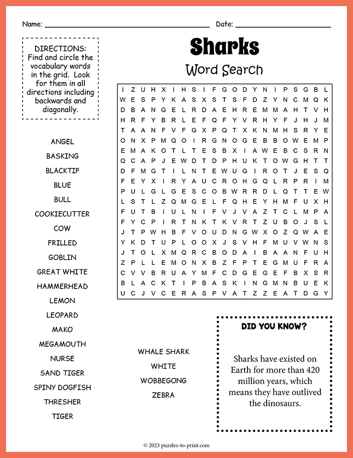 Sharks Word Search