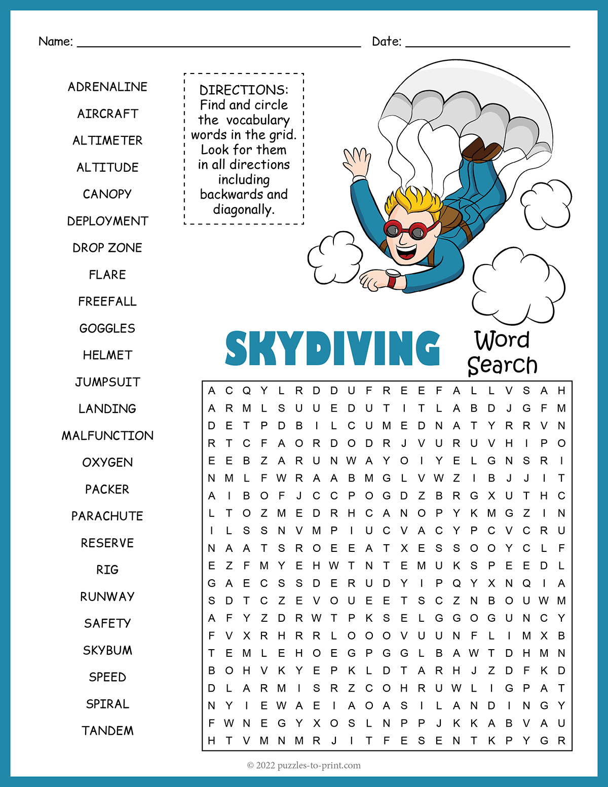 Skydiving Word Search