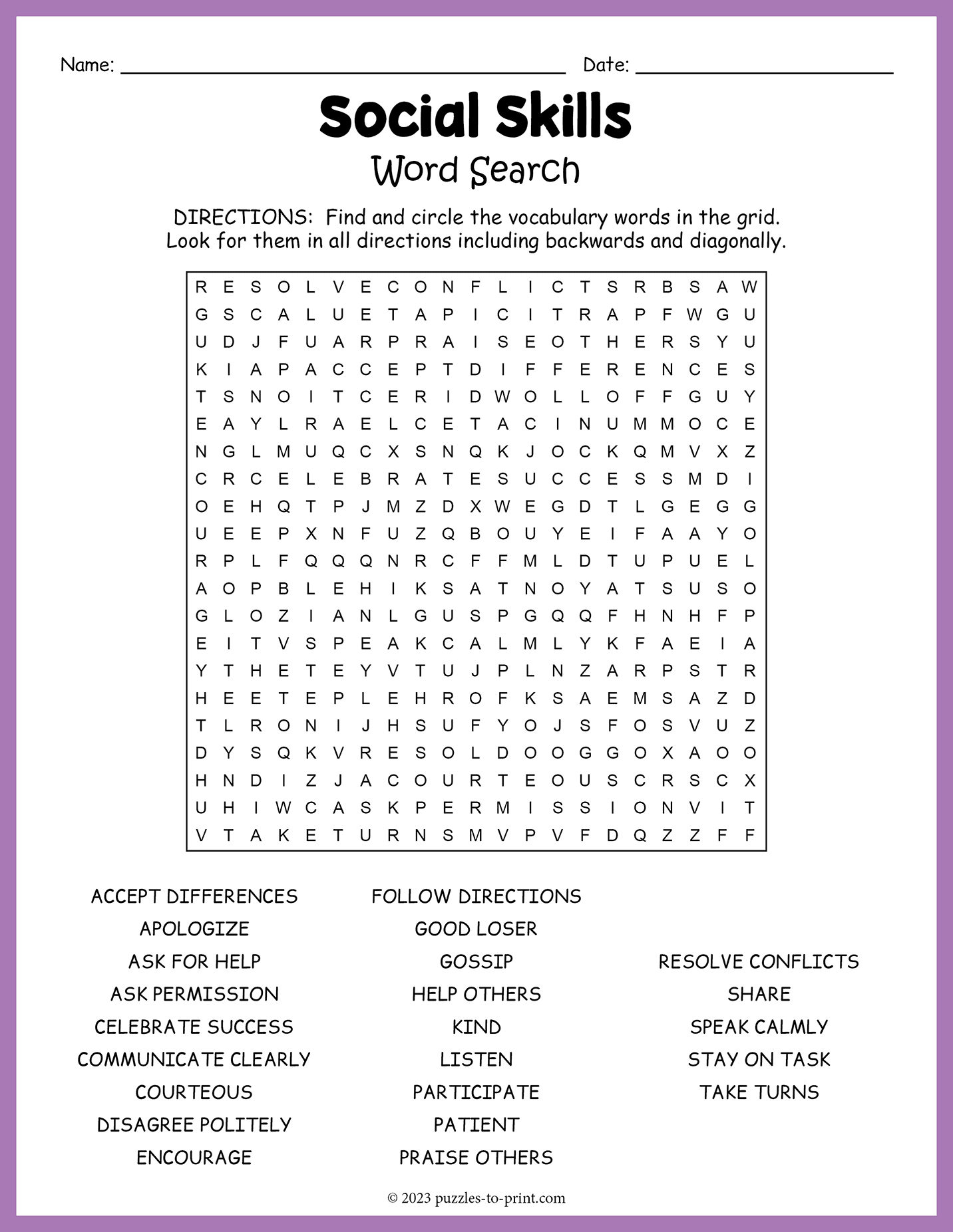Social Skills Word Search
