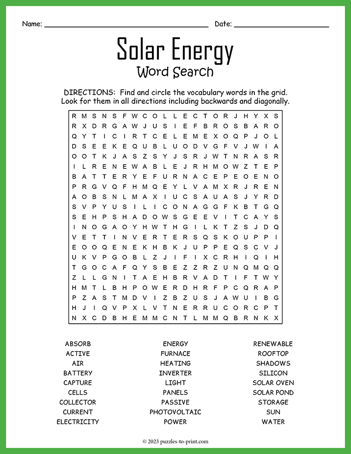 Solar Energy Word Search