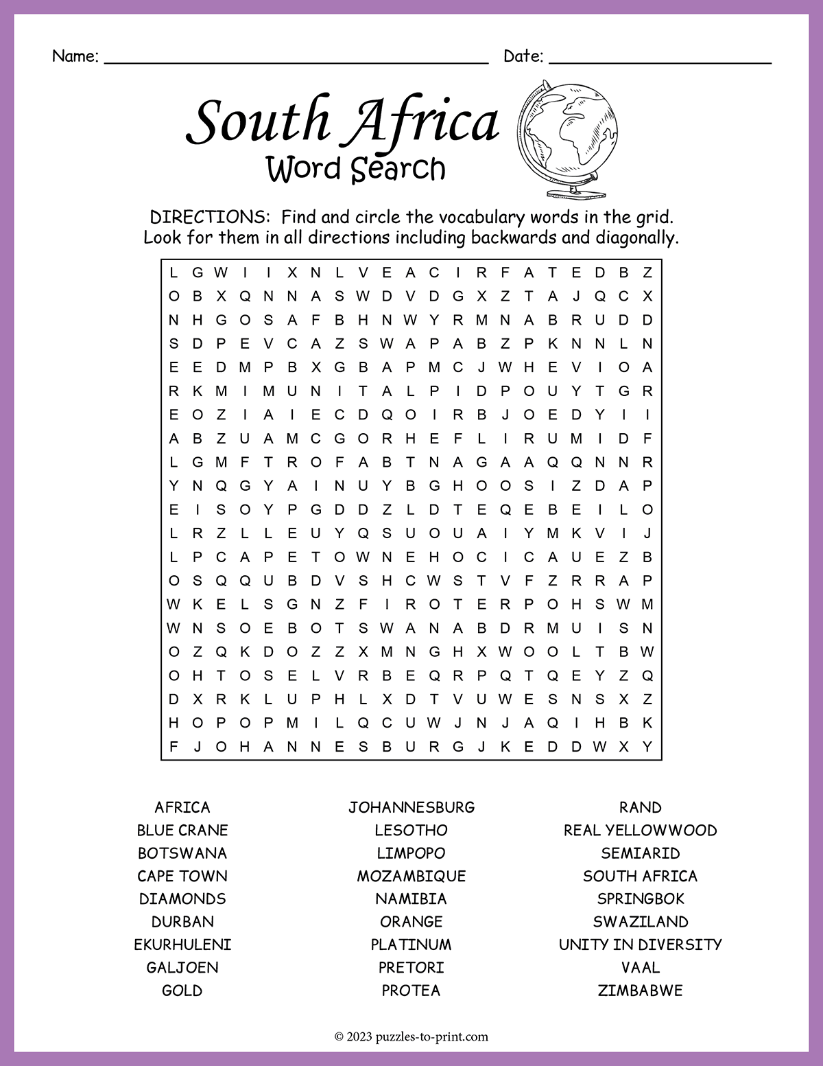 South Africa Word Search