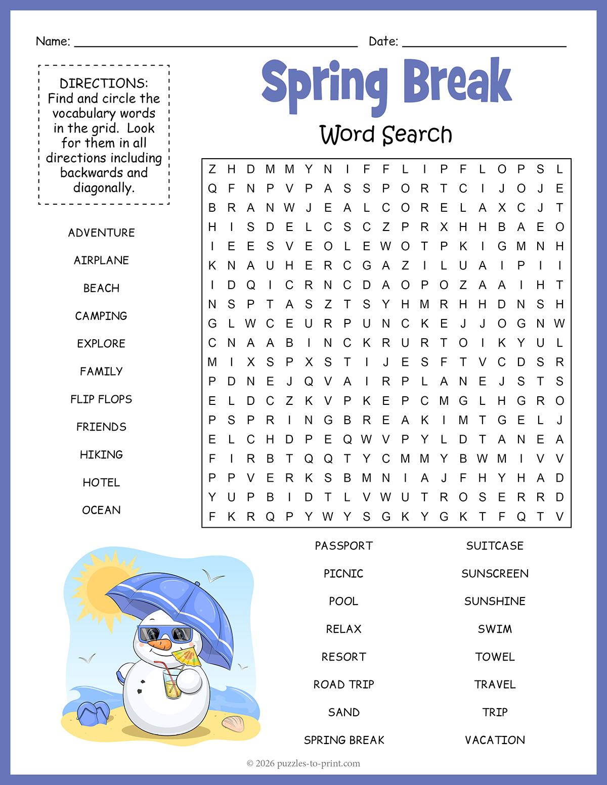 Spring Break Word Search