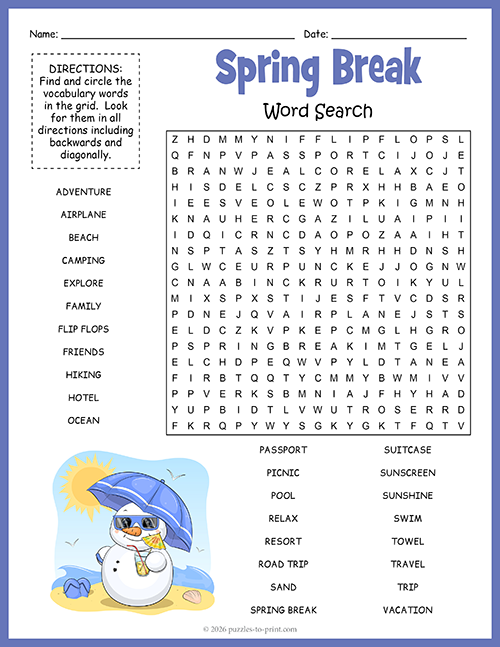 Spring Break Word Search