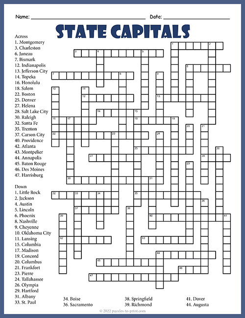 State Capitals Crossword