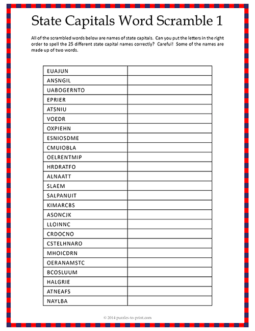 State Capitals Word Scramble 1