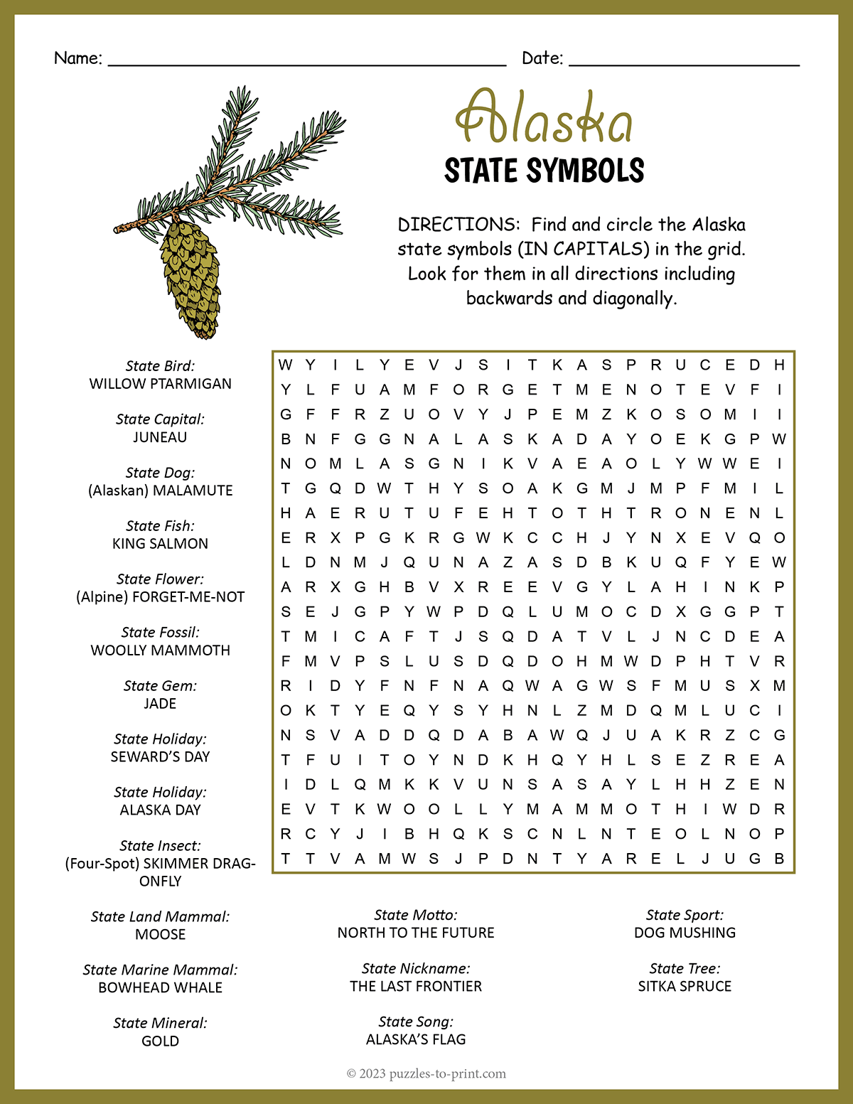 State Symbols of Alaska Word Search