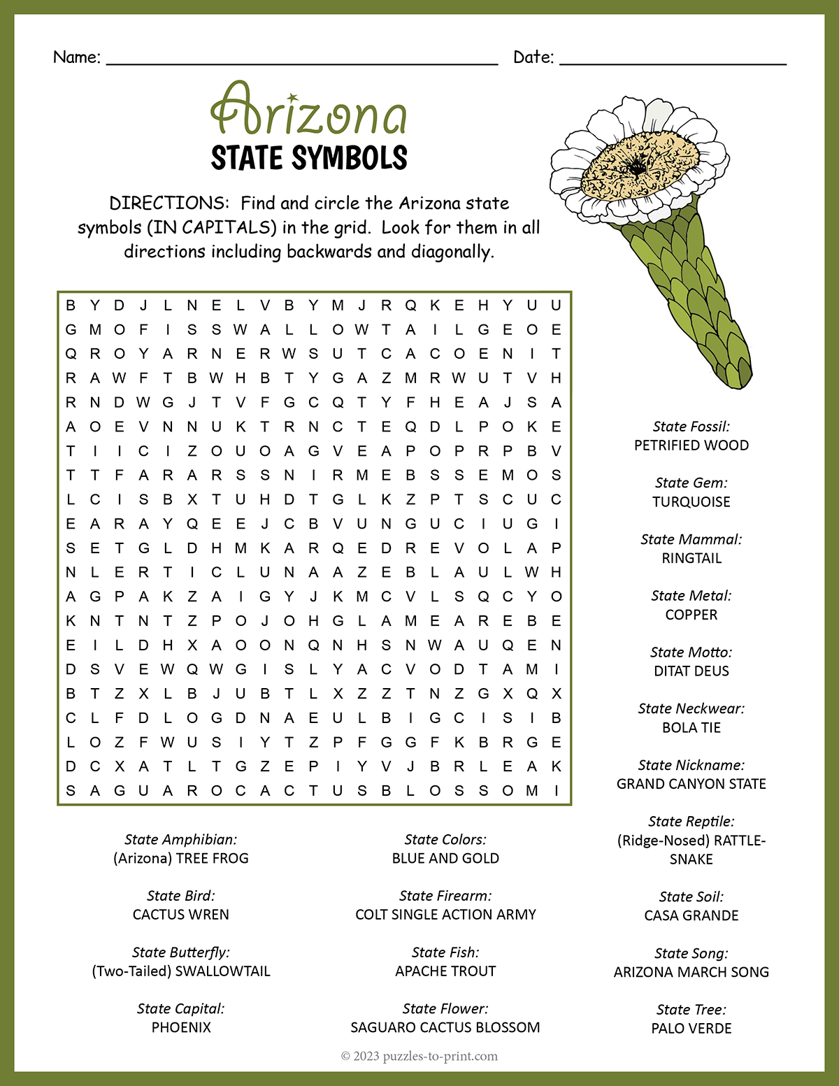 State Symbols of Arizona Word Search