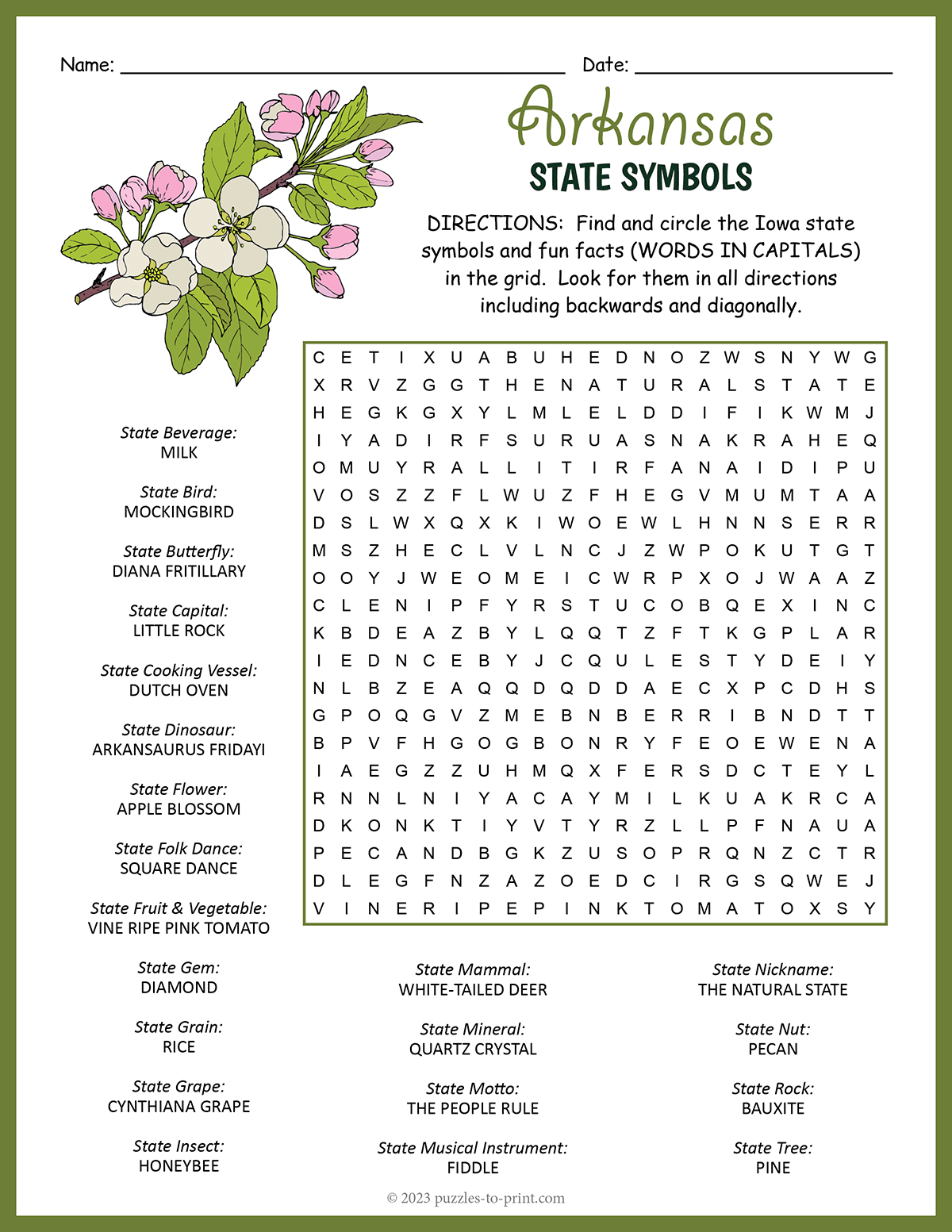 State Symbols of Arkansas Word Search