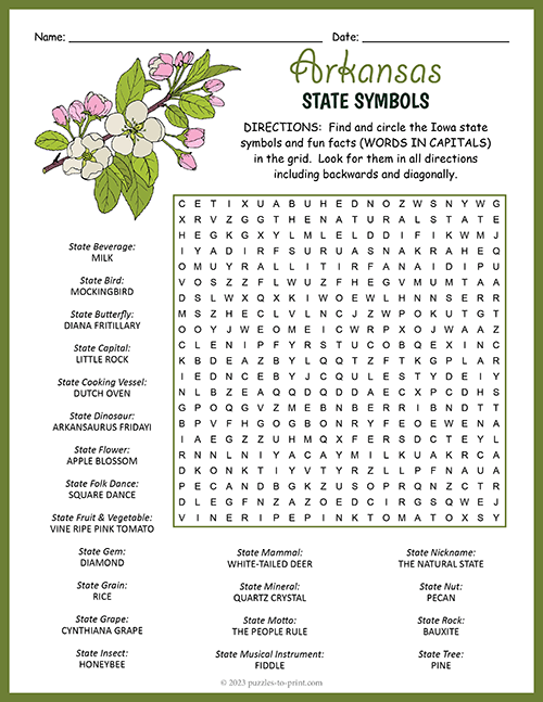 State Symbols of Arkansas Word Search