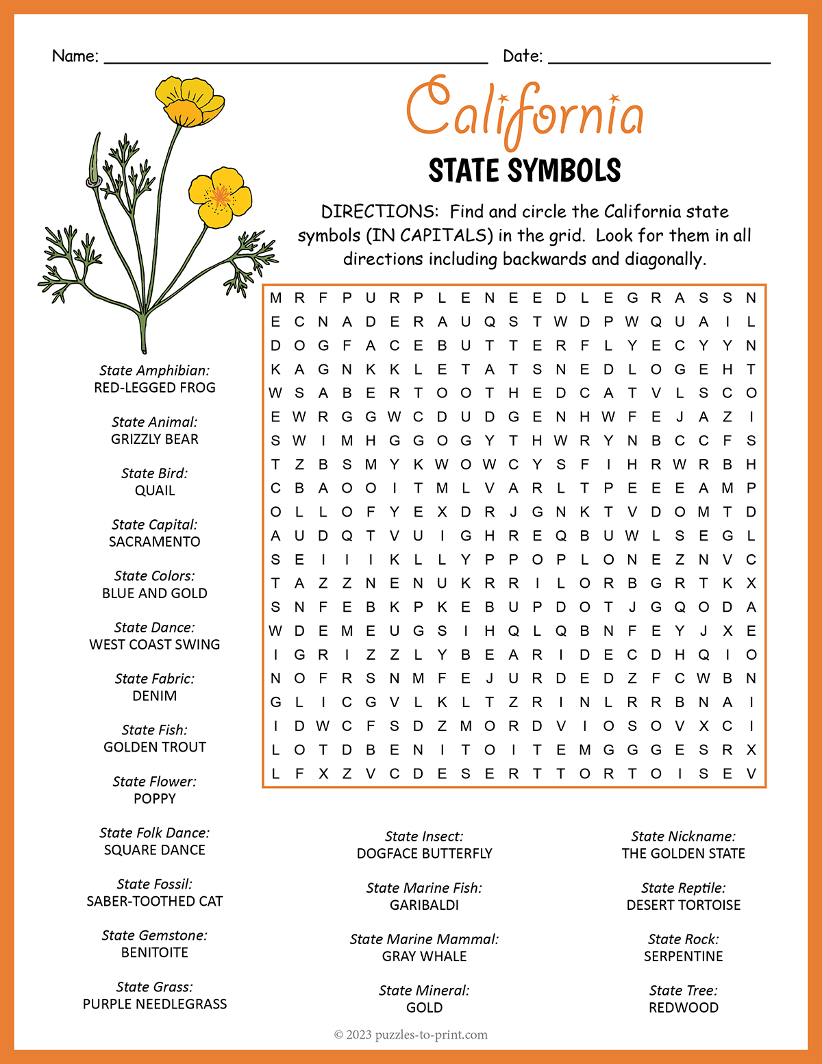 California State Flag Coloring Page Printable Printable Word Searches