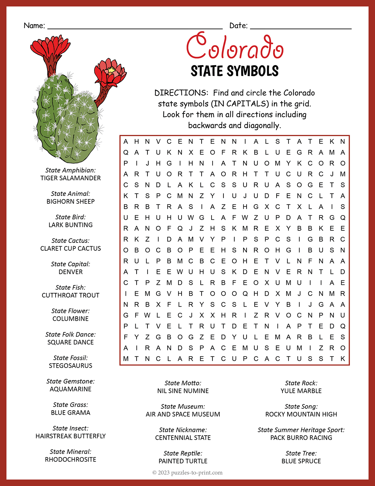 State Symbols of Colorado Word Search