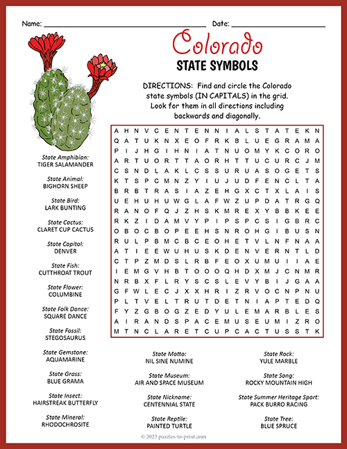 State Symbols of Colorado Word Search