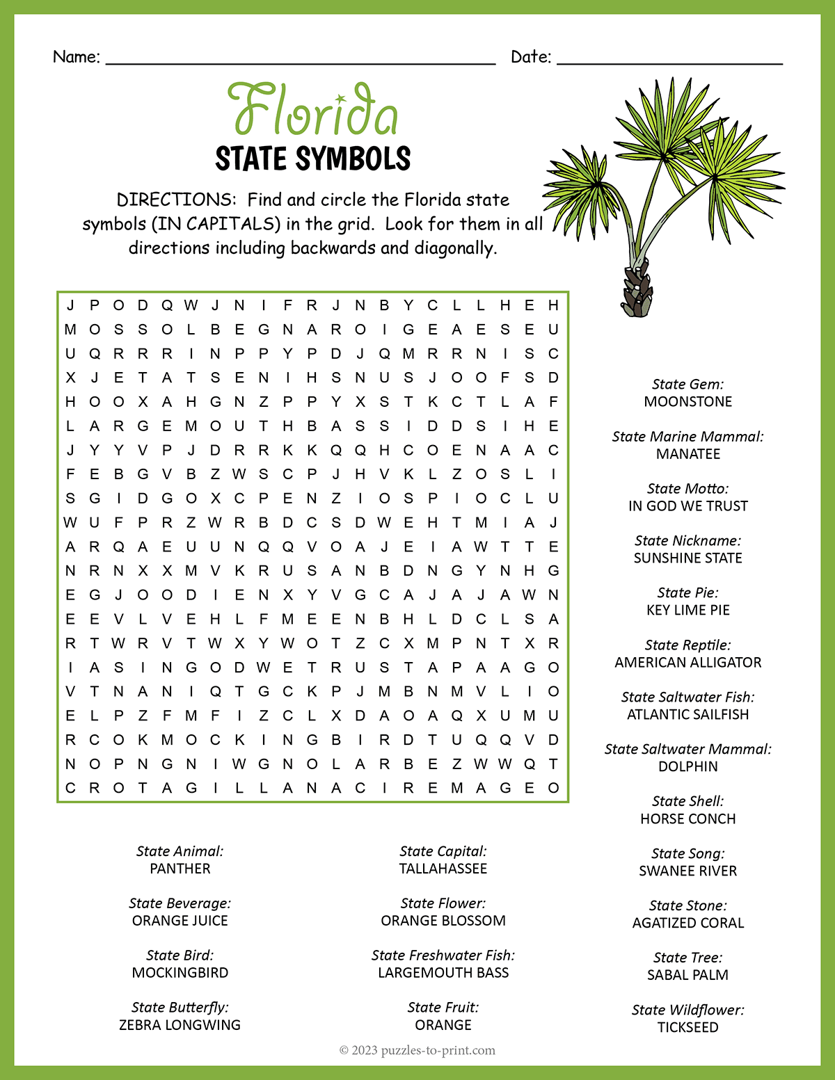 State Symbols of Florida Word Search