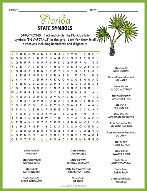 State Symbols of Florida Word Search