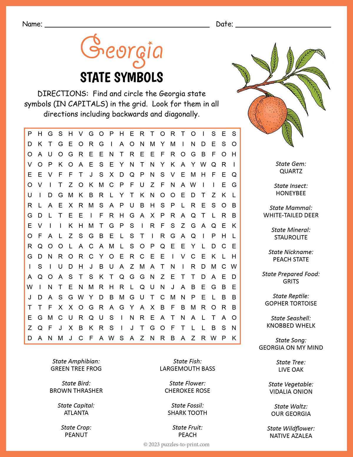 State Symbols of Georgia Word Search