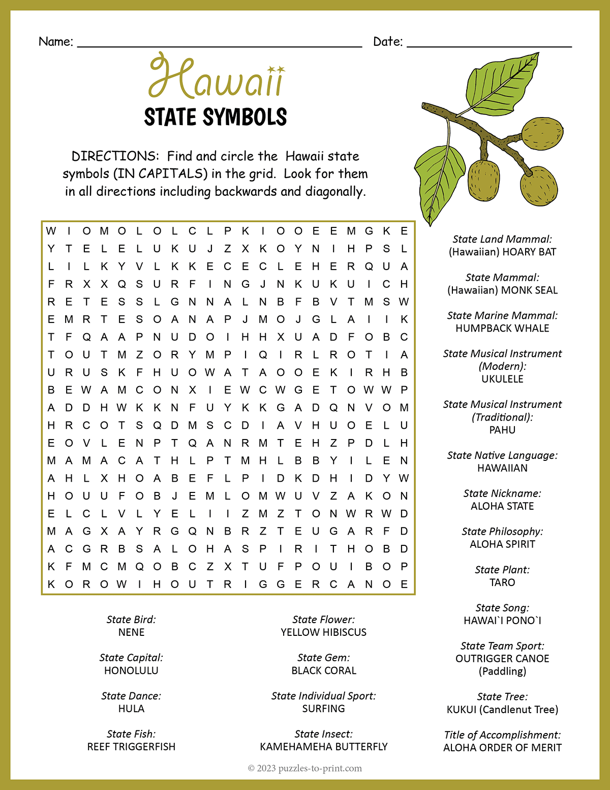 State Symbols of Hawaii Word Search