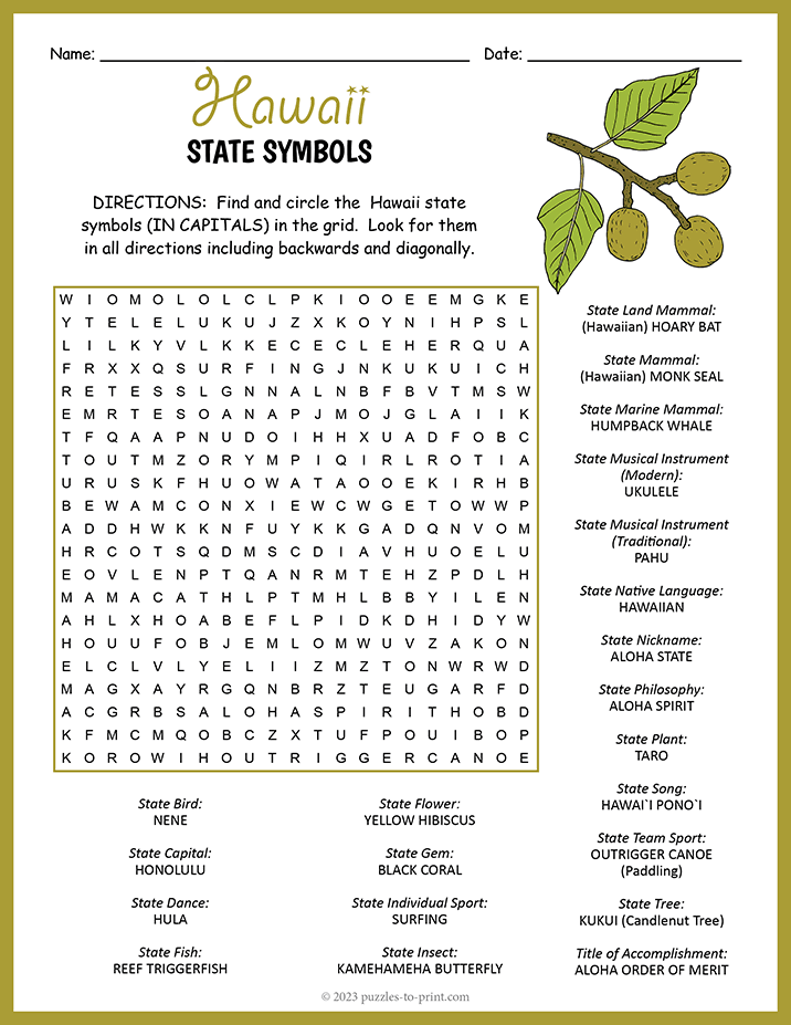 State Symbols of Hawaii Word Search