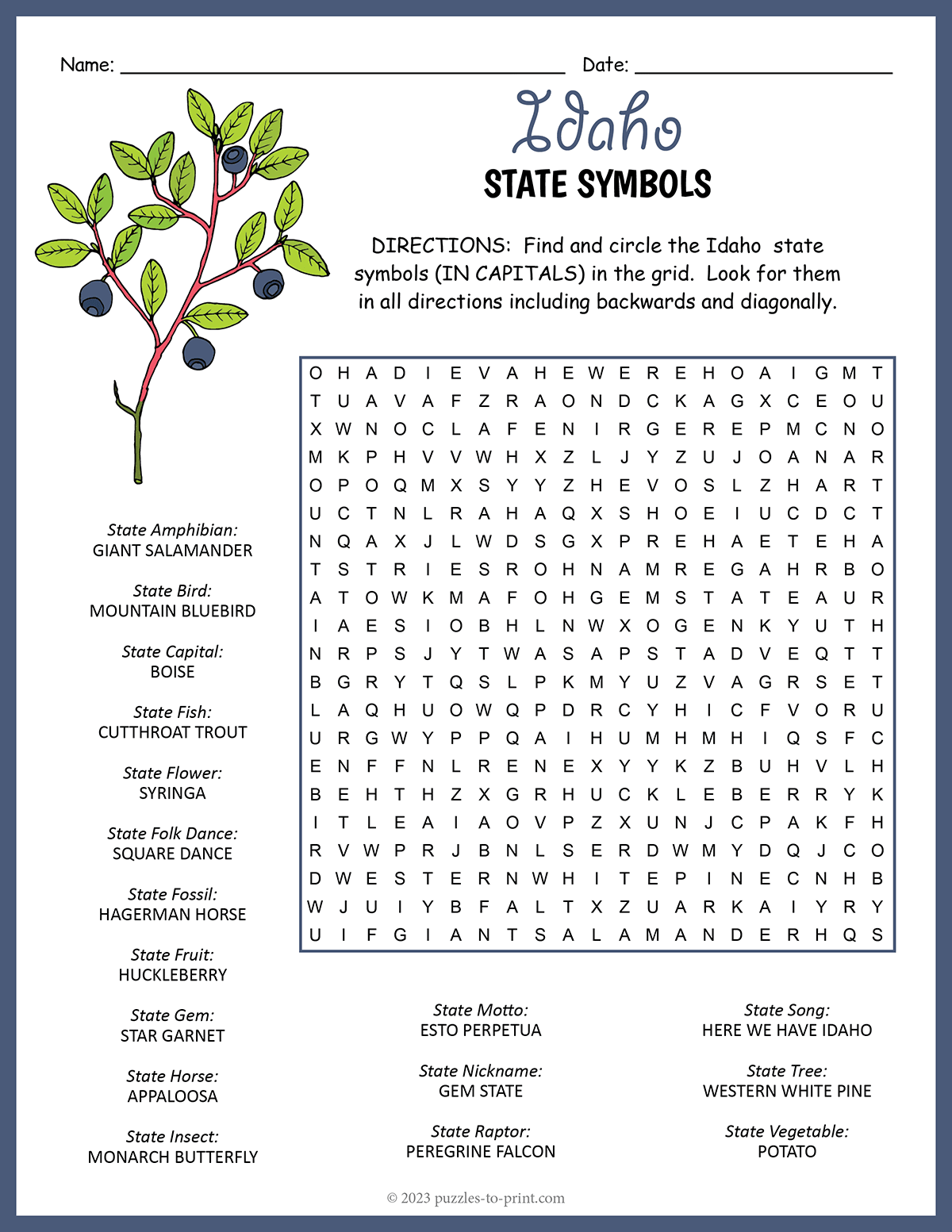 State Symbols of Idaho Word Search
