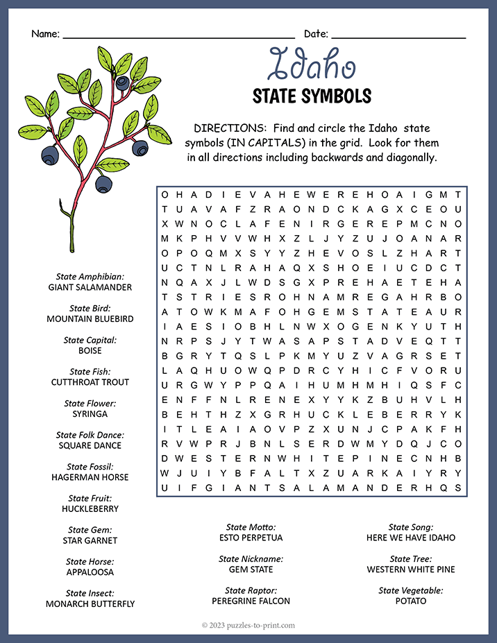 State Symbols of Idaho Word Search