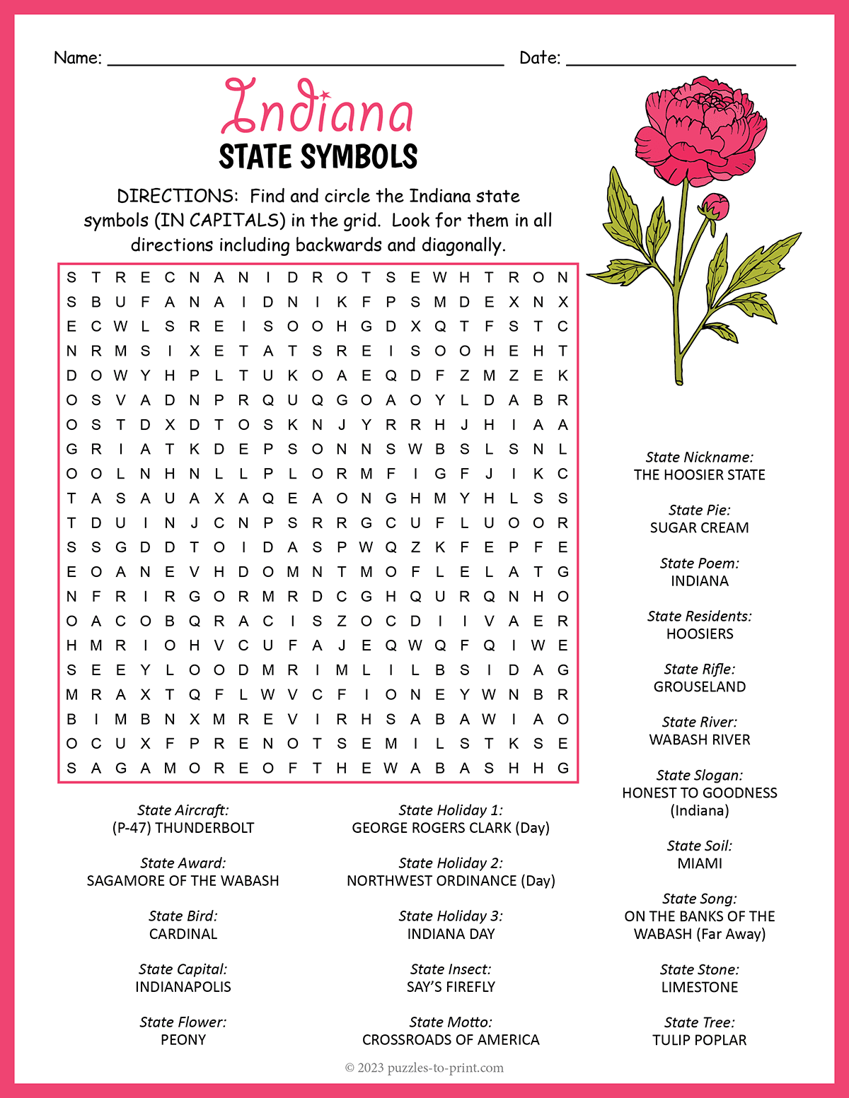 State Symbols Of Indiana Word Search State Symbols Of Indiana Word Search