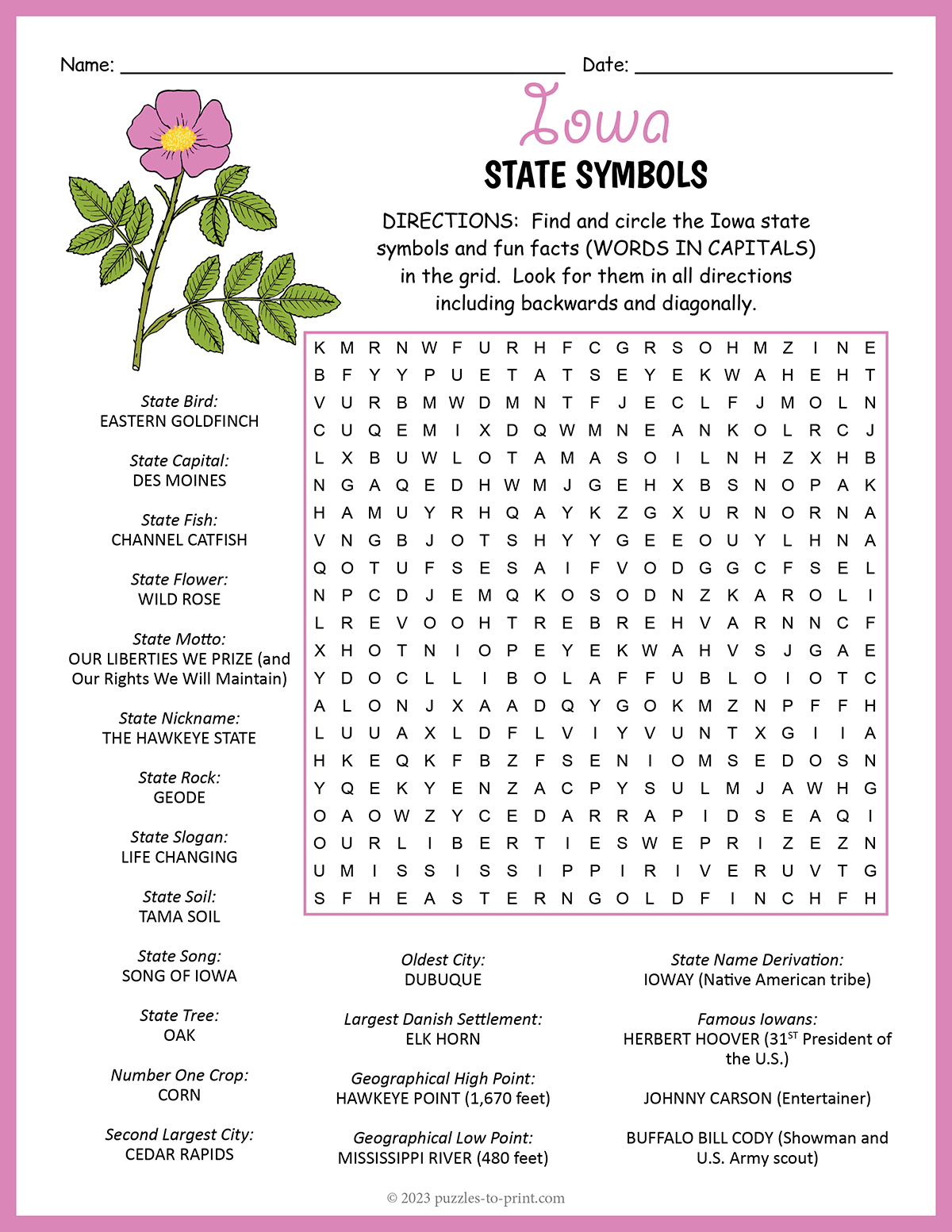 State Symbols of Iowa Word Search