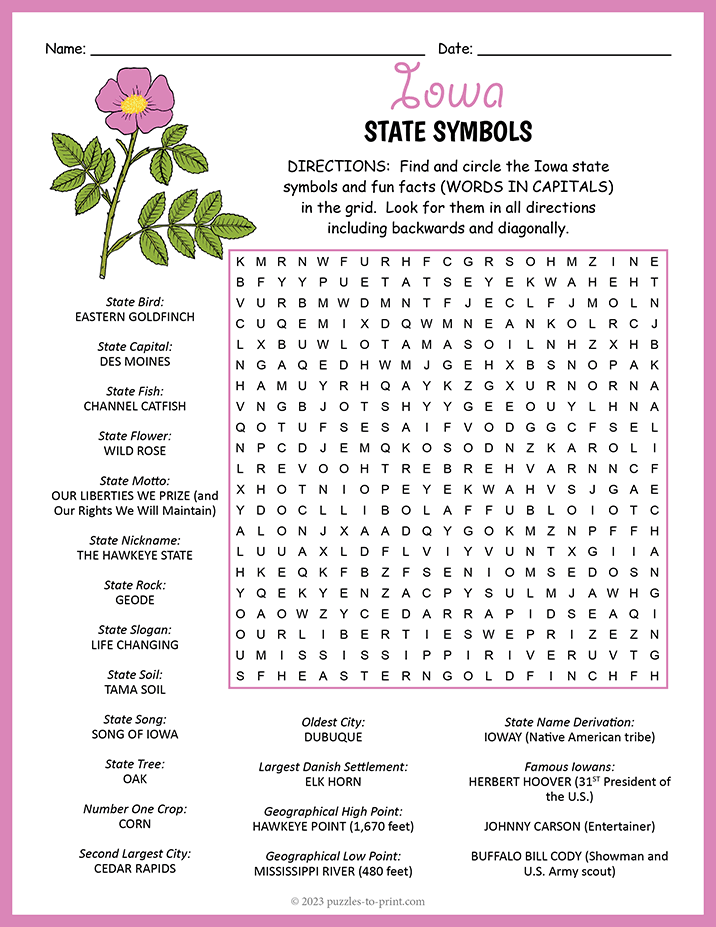State Symbols of Iowa Word Search