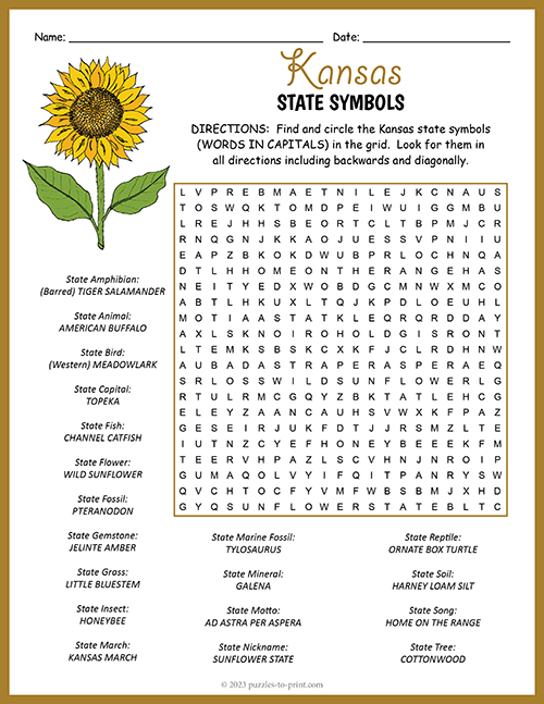 State Symbols of Kansas Word Search