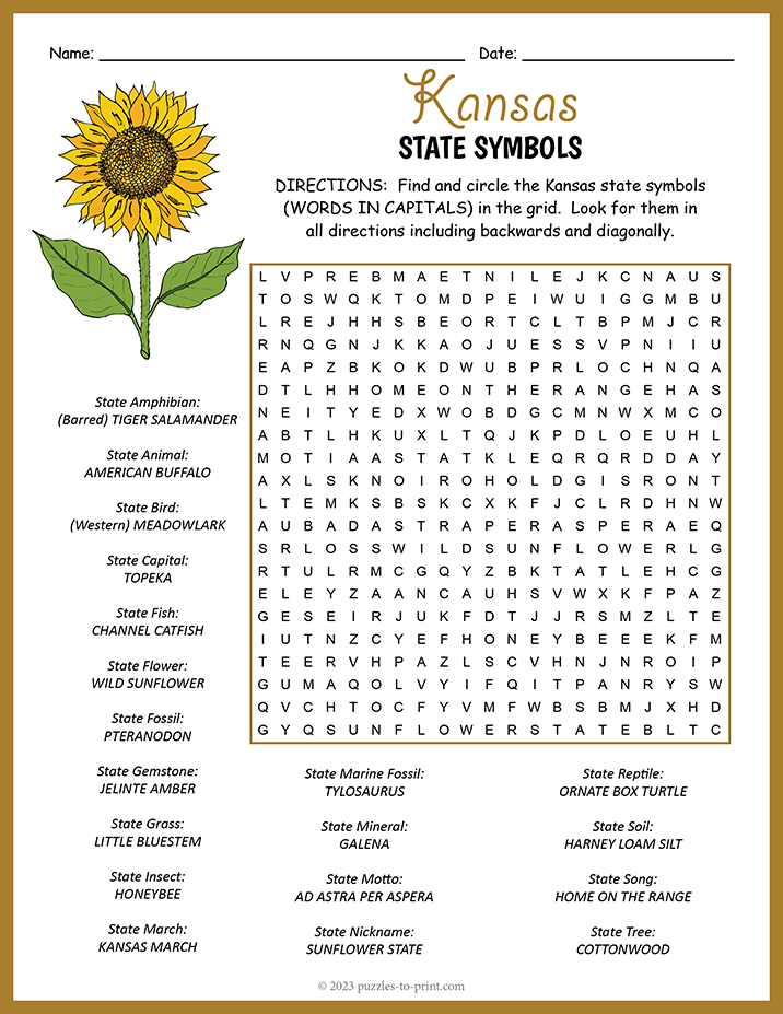 State Symbols of Kansas Word Search